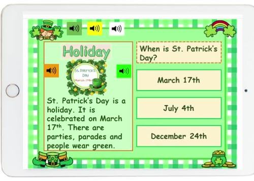 St. Patrick's Day Information with Wh- Questions (BOOM CARDS with Audio)