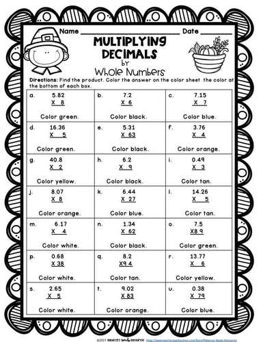 Thanksgiving Multiplying Decimals by Whole Numbers Color by Number