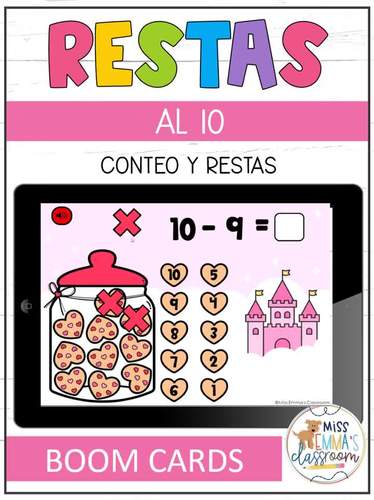 Restas a 10 Boom Cards | Digital Math centers in Spanish | Subtraction ...