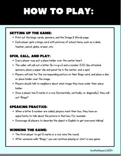 Back to School Bingo, School Words, ESL, K-5, Vocabulary & Language Game