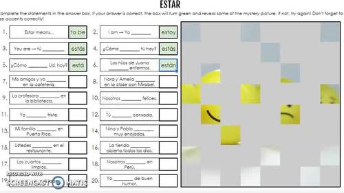 Estar Mystery Picture Short Answer Version Conjugation Practice | TpT