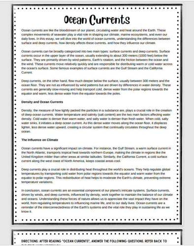 Ocean Currents Reading Comprehension Worksheet with Writing Task