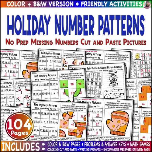 Holiday Number Patterns Practice | Missing Numbers Cut and Paste ...
