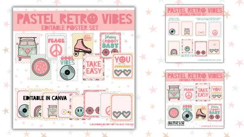8 EDITABLE + 8 Non Editable Pastel Retro Vibes 8x10” Posters | TPT
