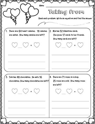2nd Grade Addition & Subtraction Word Problems within 100 | Valentine math