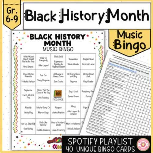 Black History Month Music Bingo Game for Middle School Spotify Playlist ...