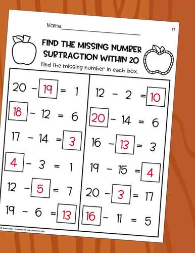 Apple Missing Addends & Subtraction Worksheets within 20 Find the ...