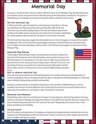 Memorial Day Reading Comprehension Worksheets by Metacognitive Teacher