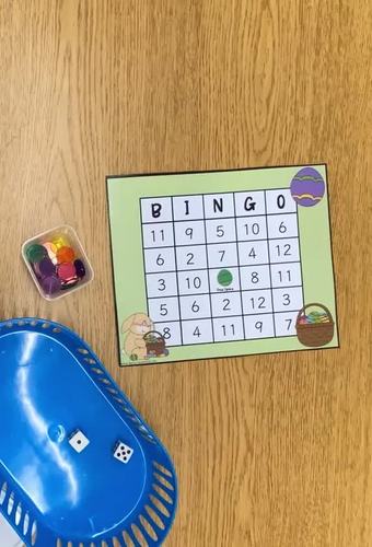 Addition BINGO With Dice Sums to 12 First or Second Grade Easter Math Game