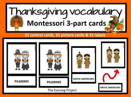 Thanksgiving vocabulary Montessori 3-part cards 31 control cards/cards ...