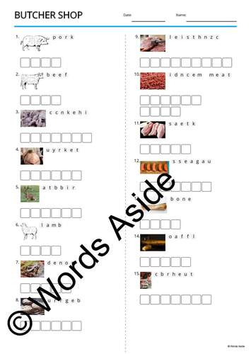 Vocabulary Writing Worksheets Crossword Word Search Anagram BUTCHER SHOP