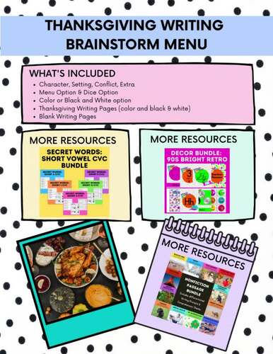 Thanksgiving Writing Brainstorm Menu and Themed Writing Pages (Roll ...