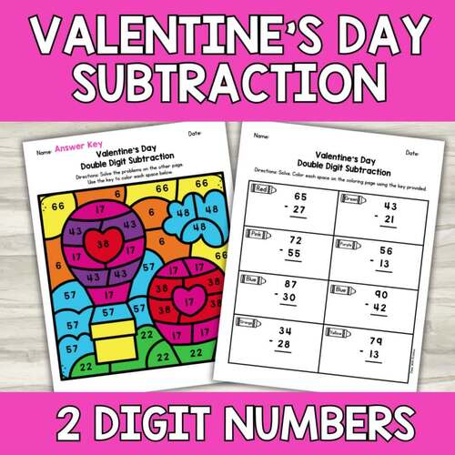Valentine's Day Double Digit Subtraction Color by Number | Math ...