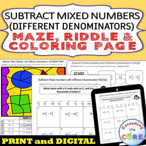 SUBTRACT MIXED NUMBERS W/ UNLIKE DENOMINATORS Maze, Riddle, Coloring Page