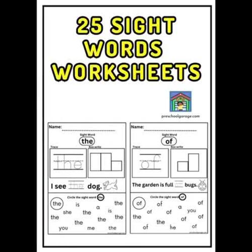25 Sight Words Worksheets by Preschool Garage | TPT