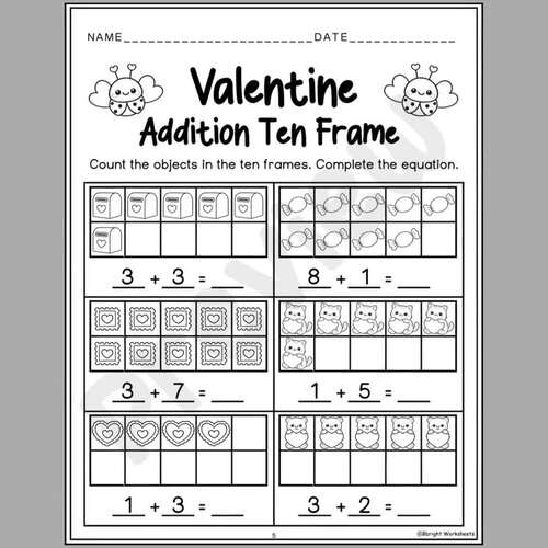 Valentine Addition Ten Frame to 10 Worksheets Math for Grade K-1 No Prep