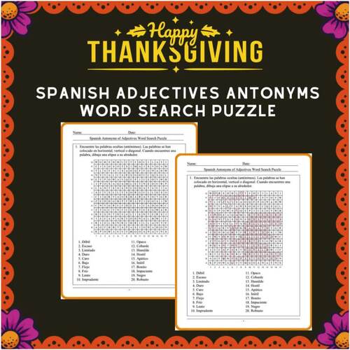 Spanish Adjectives Antonyms Thanksgiving Word Search Puzzles | TPT