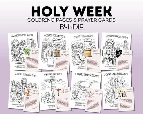 Holy Week Coloring Pages & Prayer Cards Bundle | Palm Sunday to Easter