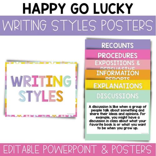 Editable Writing Styles Posters / English Posters / ELA / Happy Go Lucky