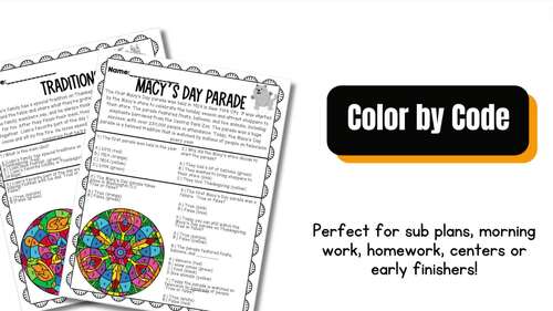 Thanksgiving Reading Comprehension Color by Code for 2nd and 3rd Grade
