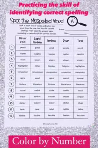 Finding Misspelled Words Coloring- Back to School by Treetop Teaching
