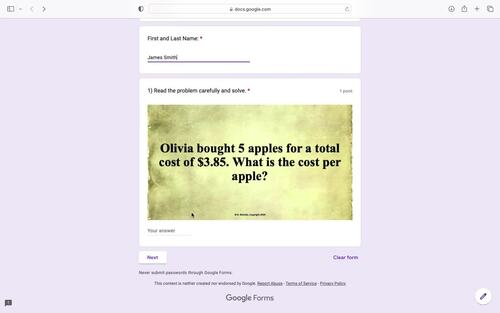 Dividing Decimals by Whole Numbers Word Problem Google Forms (Self-Grading)