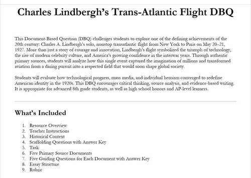No Prep Charles Lindbergh's Trans-Atlantic Flight DBQ by PBL History ...