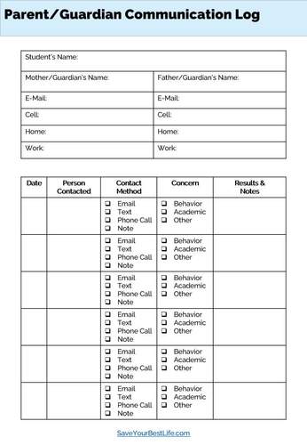 Parent Teacher Conference Form, Communication Log, Conference Notes ...