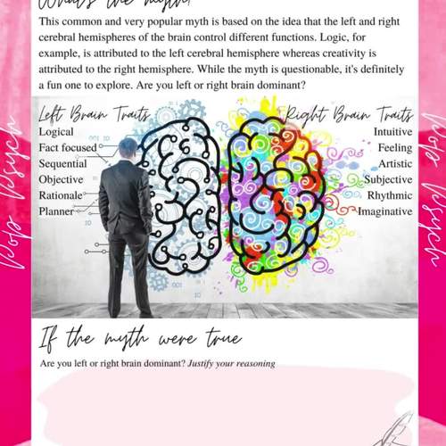 Left Brain vs Right Brain Pop Psychology Activity Worksheets | TPT