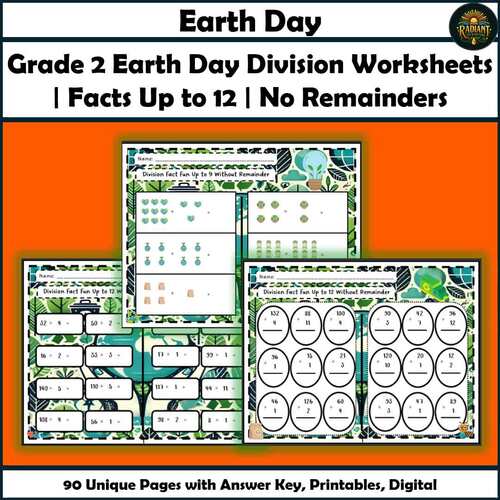 Grade 2 Earth Day Division Worksheets | Facts Up to 12 | No Remainders