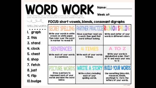 Word Work Choice Boards + Spelling Lists For the Year EDITABLE | TpT