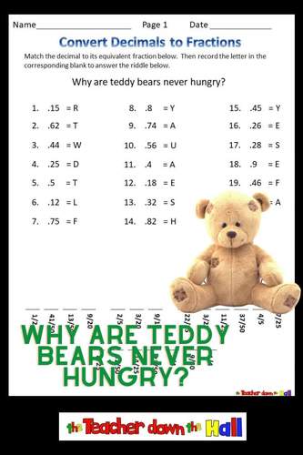 Conversion Worksheets with Riddles - Decimal and Fraction Activities