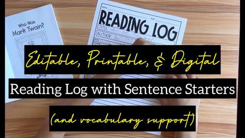 Reading Log with Summary | Editable | Weekly | Sentence Starters | Homework