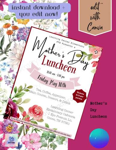 EDITABLE-Mother's Day Luncheon, Fundraiser, School PTO PTA, Digital ...