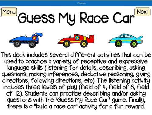 Guess my Race Car Boom Cards™ Speech Therapy Listening Activity ...