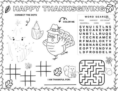 Thanksgiving Printable Placemat Activities For Kids, Fall Coloring ...