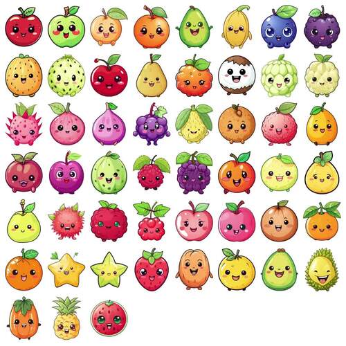 Cute Fruit Clipart Bundle Set | 51 PNG Images | Kawaii Food Clip Art