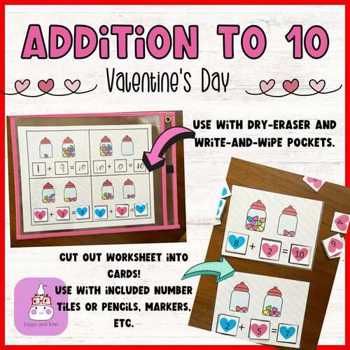 Addition to 10 worksheets: Valentine's Day Hearts by Hippo and Kiwi