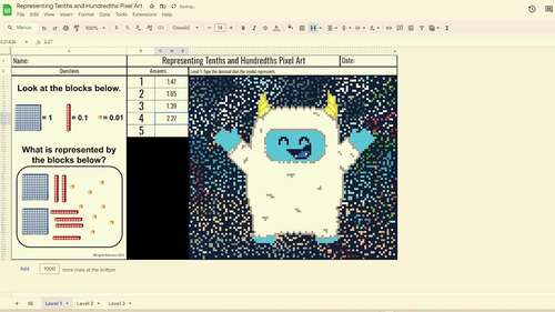 Google Sheets Pixel Art Representing Tenths and Hundredths TEKS 4.2E