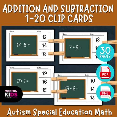 Addition and Subtraction 1-20 Clip Cards - Autism Math Stations | TPT