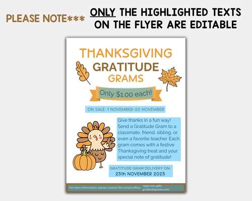 Thanksgiving Gratitude Grams PTO PTA School Fundraiser, Editable Flyer ...