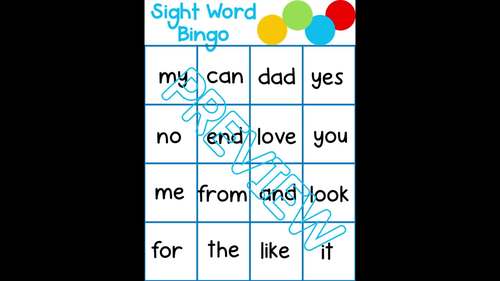 Sight Word Bingo Game and literacy center for PreK , Kindergarten , 1st ...