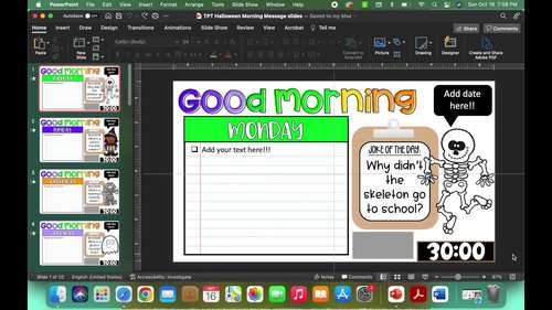 Halloween Editable Morning Message PowerPoint Slides (w/ Timers ...
