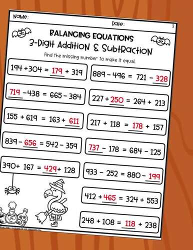 Halloween 3 Digit Mixed Add & Subtract Balancing Equations Missing Numbers