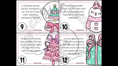 Christmas Subtraction Task Cards Within 1,000 for Math Centers and Practice