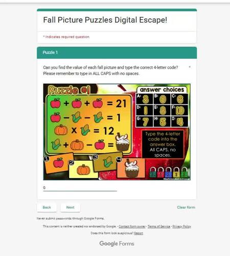 Fall Logic Picture Puzzles Digital Math Escape Room Activity | TPT