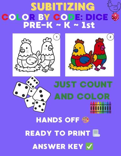 Subitizing Color by Code | Farm Animal Chickens | Dice Worksheets for ...