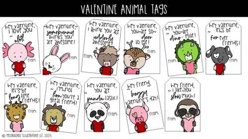 Valentine Animals PRINTABLE gift tags by Melonheadz Clipart | TPT