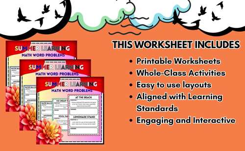 SUMMER LEARNING MATH WORD PROBLEMS WORKSHEETS,2nd,3rd,4th,5th,Grade