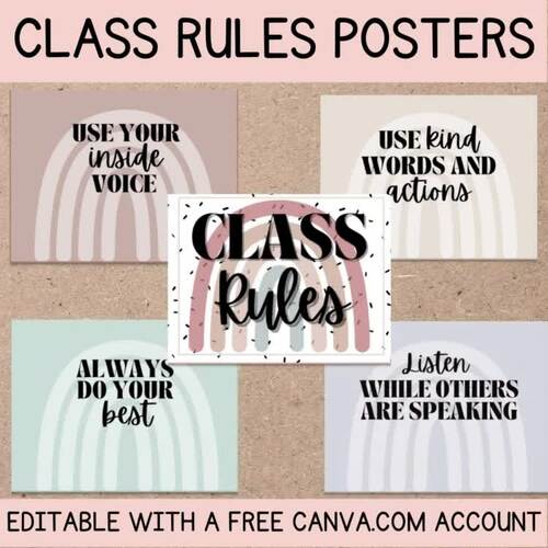 Neutral Boho Rainbow Class Rules Posters Editable in Canva | TPT